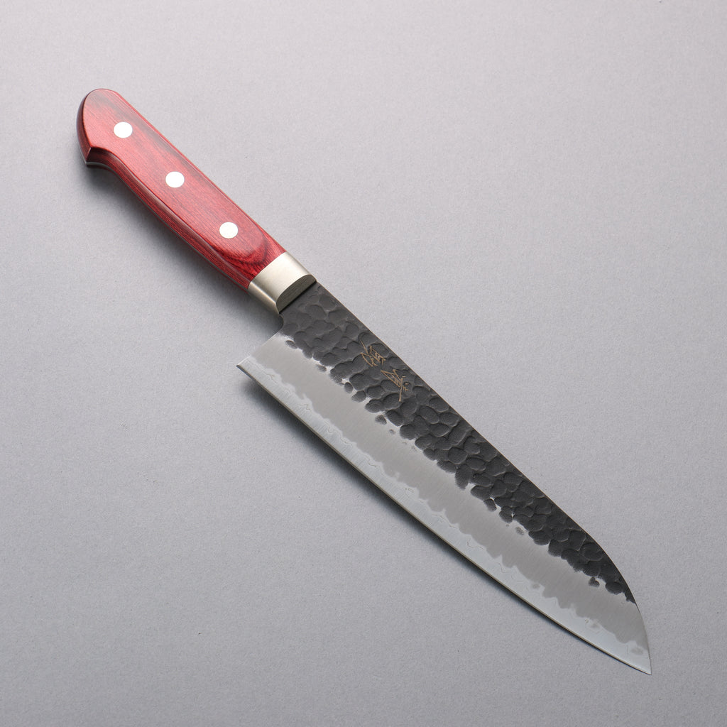 Seisuke Blue Super Hammered Black Finished Santoku 180mm Red Pakka woo