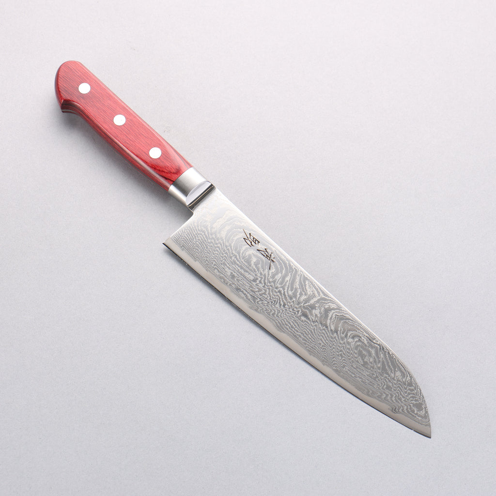 Seisuke Nami AUS10 Mirrored Finish Damascus Santoku 180mm Red Pakka wo